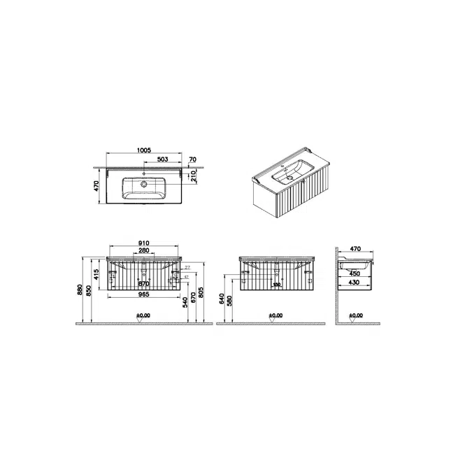 BIM objects - Free download! Washbasin Unit - 100cm - 1 Drawer - Root ...
