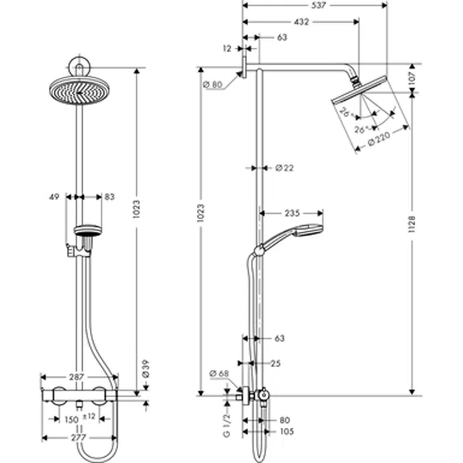 BIM objects - Free download! Croma Showerpipe 220 1jet EcoSmart 9 l/min ...