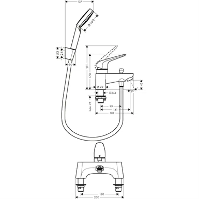 BIM objects - Free download! Novus 2-hole rim mounted bath mixer with ...