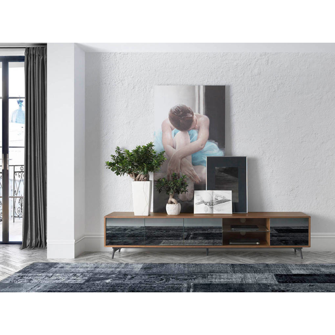 BIM objects - Free download! Walnut wood TV cabinet and black mirror ...