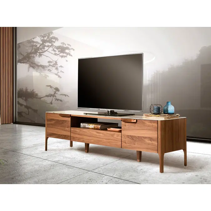 BIM objects - Free download! Walnut wood TV cabinet and marble-effect ...