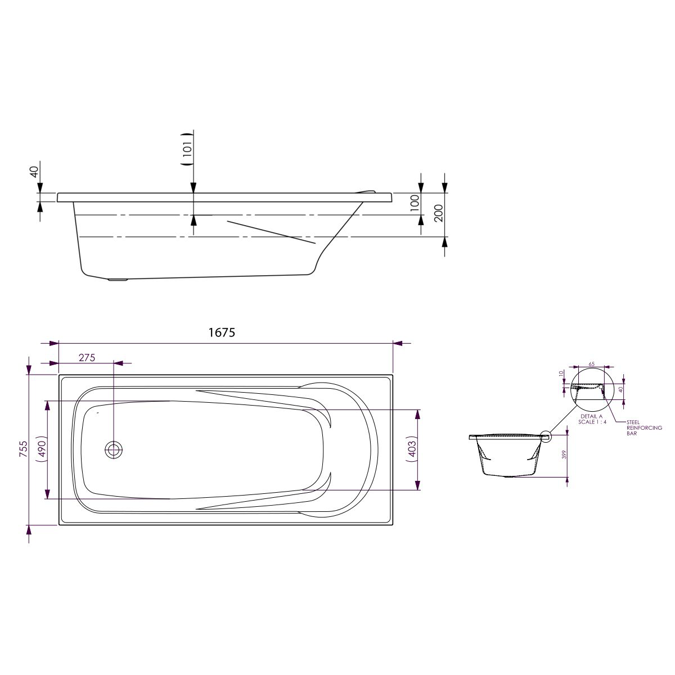 BIM objects - Free download! Posh Solus MK2 Bath 1675 x 755mm White ...