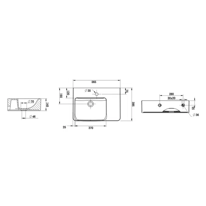 BIM objects - Free download! Wolfen Wall Basin Right Hand Shelf 565 x ...