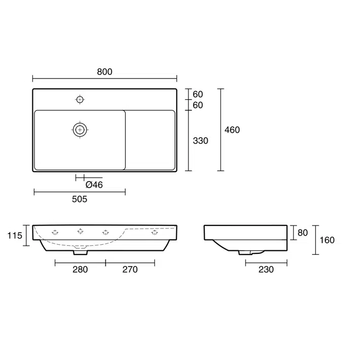 Objetos BIM - ¡Descarga gratis! Roca Ona Wall Basin With Fixings 800mm x 460mm 1 Taphole Left ...