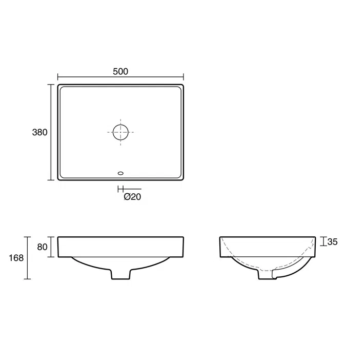 Objetos BIM - ¡Descarga gratis! Roca Ona Square Semi Inset Basin 500mm x 380mm No Taphole with ...