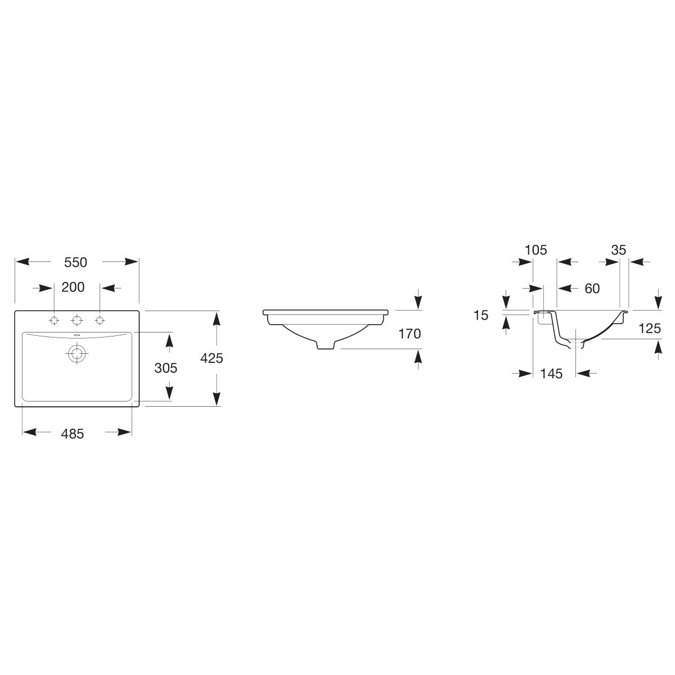 BIM objects - Free download! Roca Diverta Vanity Basin 1 Taphole 550mm ...