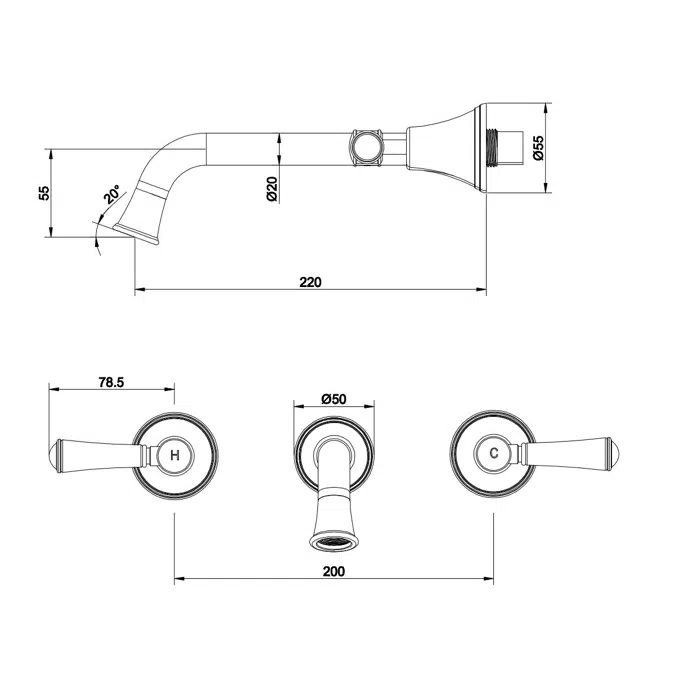 BIM objects - Free download! Posh Canterbury Wall Basin Set 220mm Lever ...