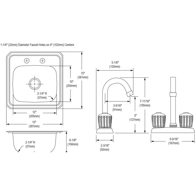 BIM objects - Free download! BCRA150C Elkay Celebrity® Stainless Steel 15" x 15" x 6-1/8" 2-Hole ...