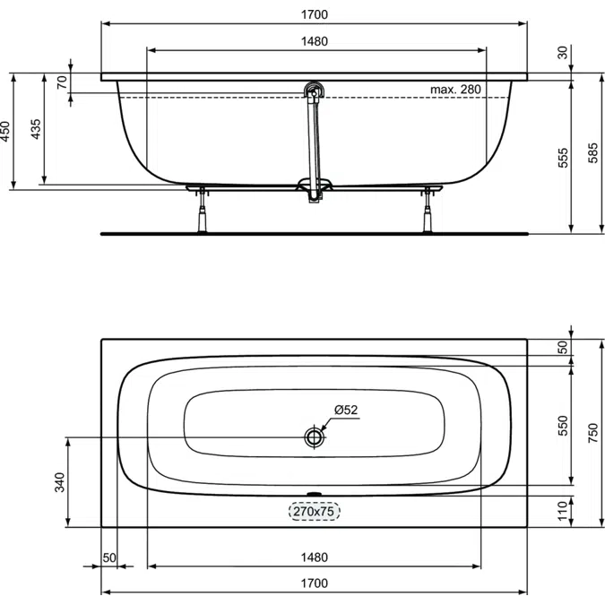 BIM objects - Free download! I.LIFE DOUBLE ENDED BATH TUB170X75 CM ...